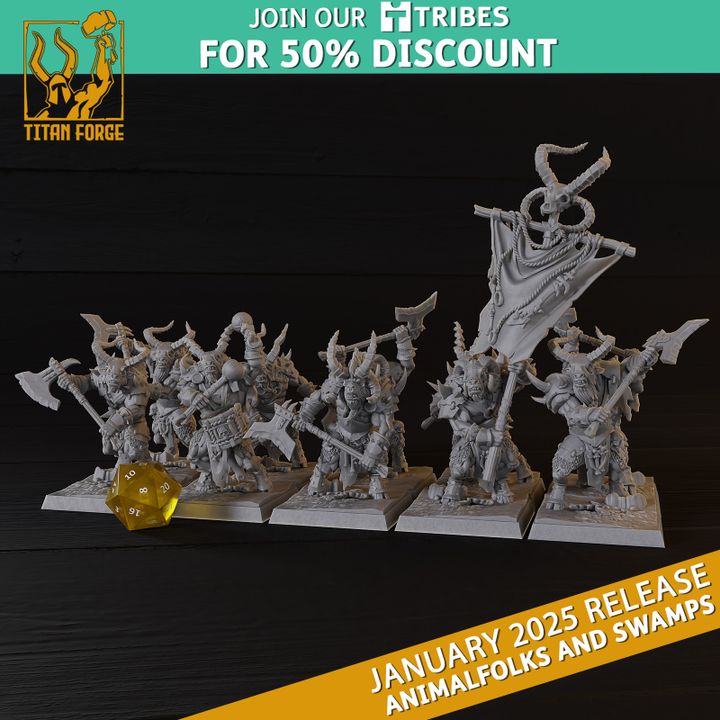 3D Printable Goatman Warriors with Great Weapons - Animalfolks and Swamps - Titan Forge ...